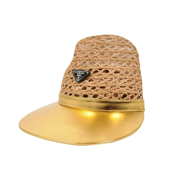 Prada Womens Raffia Wide Straw Logo Plaque Visor Gold Leather Hat – THE ...