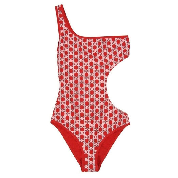 Balmain Red Stretch Nylon One Piece Shoulder Cutout Logo Swimsuit 34 ...